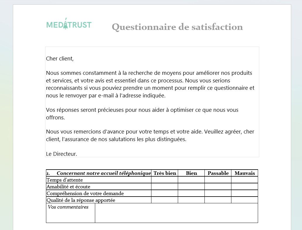 Questionnaire de Satisfaction Word : Modèle à télécharger